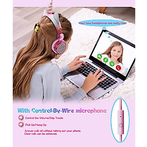 SVYHUOK Girls Pink Unicorn Wired Headphones,Cute Cat Ear Kids Game Headset for Boys Teens Tablet Laptop PC,Over Ear Children Headset withMic,for School Birthday Xmas Gifts
