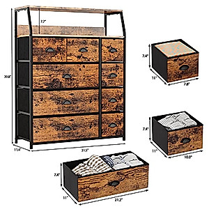 Furnulem 9 Drawer Dresser Large with Shelf and Nightstand with 3 Drawers and 2-Tier Shelf, Fabric Dresser Organizer Storage Tower for Bedroom, Closet, Hallway, Nursery, Sturdy Steel Frame, Wood Top