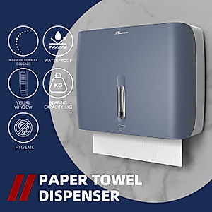 PLUSSEN Paper Towel Dispenser Wall Mount,Capacity 200+ Sheets ZFold Tri Fold Blue Adhesive No Drilling or Screws Installation for Home Toilet