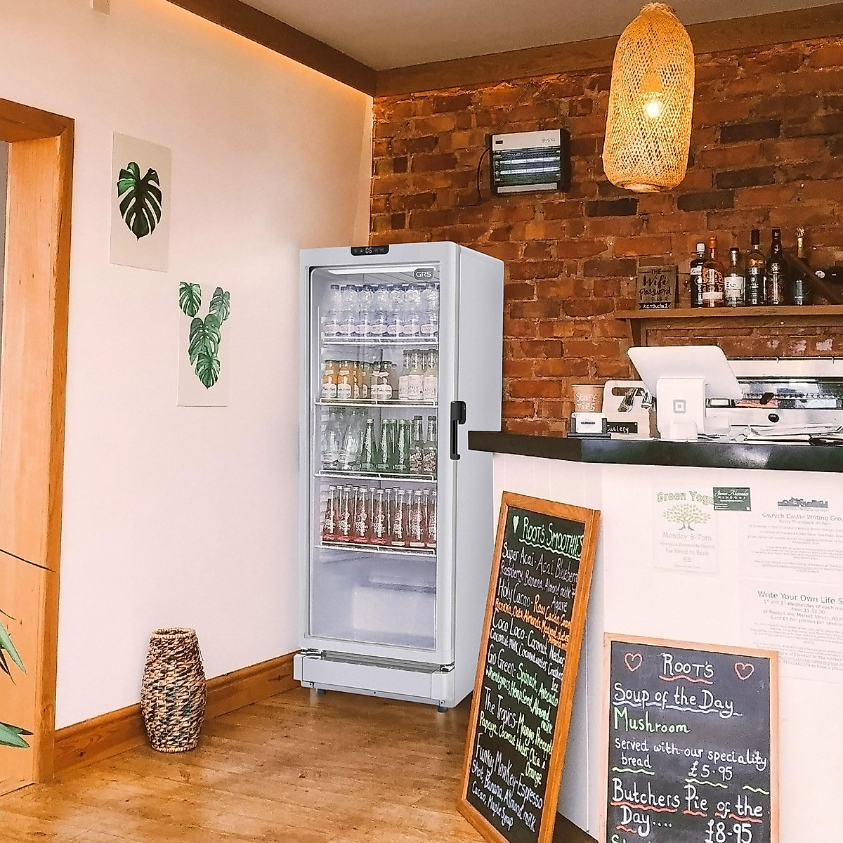 GRS Glass Door Display Refrigerator - 7.1 Cubic Feet Display Beverage Light Commercial Fridge, eCooler System, Adjustable Shelves, Ideal for Convenience Stores - White