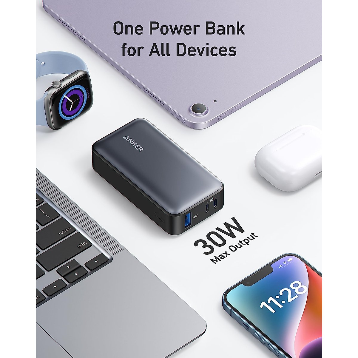 Anker Power Bank, Power IQ 3.0 Portable Charger with PD 30W Max Output (PowerCore 30W), 10,000mAh Battery Pack for iPhone 15/15 Plus/15 Pro/15 Pro Max, MacBook, Dell, Microsoft Surface, and More