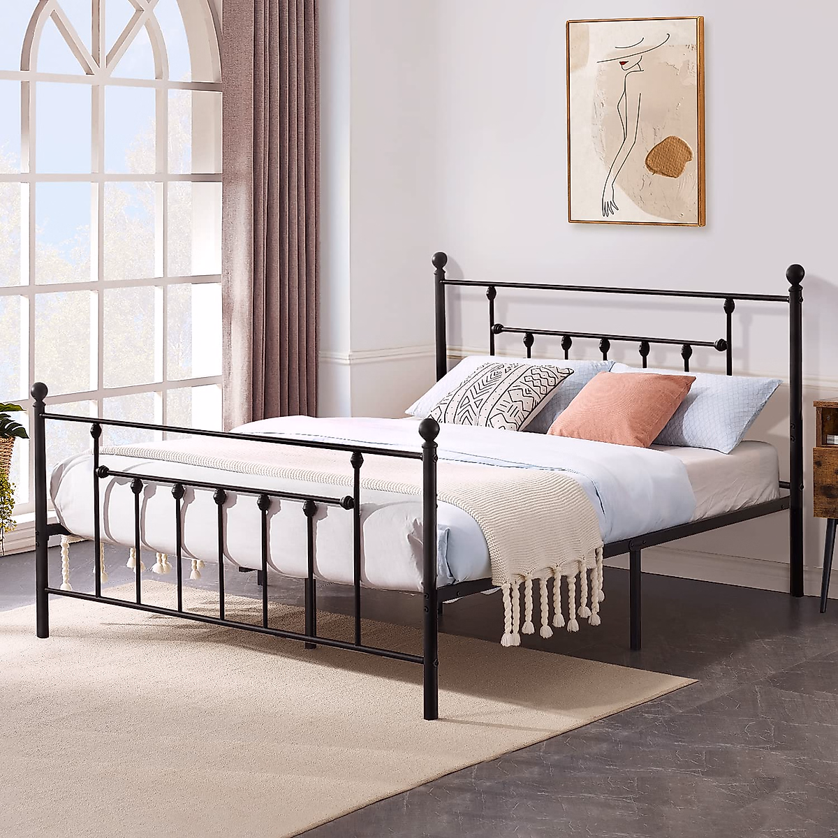 VECELO Full Size Metal Platform Bed Frame with Headboard and Footboard, Heavy Duty Slat Support/No Box Spring Needed Mattress Foundation/Underbed Storage Space, Victorian Style