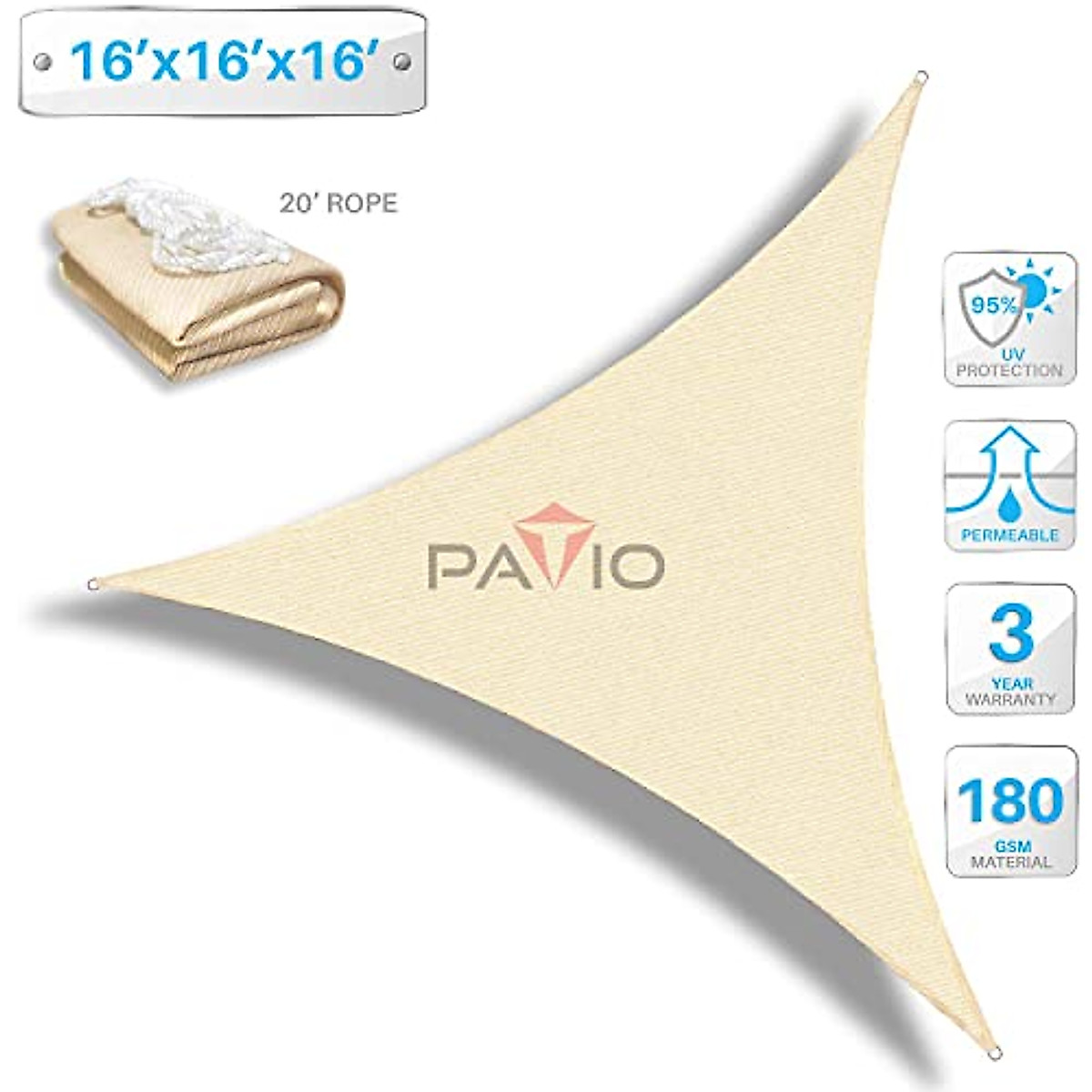 Patio Paradise 16' x16'x 16' Beige Sun Shade Sail Triangle Canopy - Permeable UV Block Fabric Durable Outdoor - Customized Available
