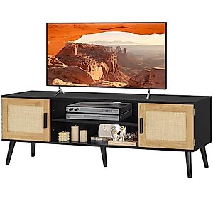 Quimoo Rattan TV Stand for 70 Inch TV, Entertainment Center, TV Console with Adjustable Shelf & 2 Cabinets, TV Stands for Living Room, Bedroom, Black+Natural