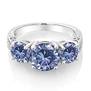 Gem Stone King 925 Sterling Silver Round Blue Moissanite 3 Stone Ring For Women (3.50 Cttw, Available In Size 5, 6, 7, 8, 9)