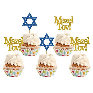 INNORU Mazel Tov Cupcake Toppers, Congratulations Party Decorations, Engagement, Baby Shower, Bar Mitzvah, Birthday, Wedding, Jewish Party Decorations Supplies, Pack of 24 Glitter