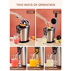 FOHERE Citrus Juicer Electric Orange Juicer with Humanized Handle and Two Size Cones for Grapefruits, Orange and Lemon, Powerful 160W Silent Motor Stainless Steel BPA-Free, Silver