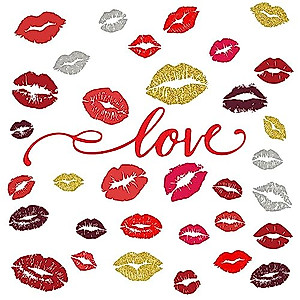 SUPERDANT Love Lips Wall Stickers 34PCS Red Silver Gold Brown Kisses Stickers Self-Adhesive Vinyl Wall Art Decals Valentine's Day Trendy for Home Living Room Girly Women's Bedroom Apartment Decor