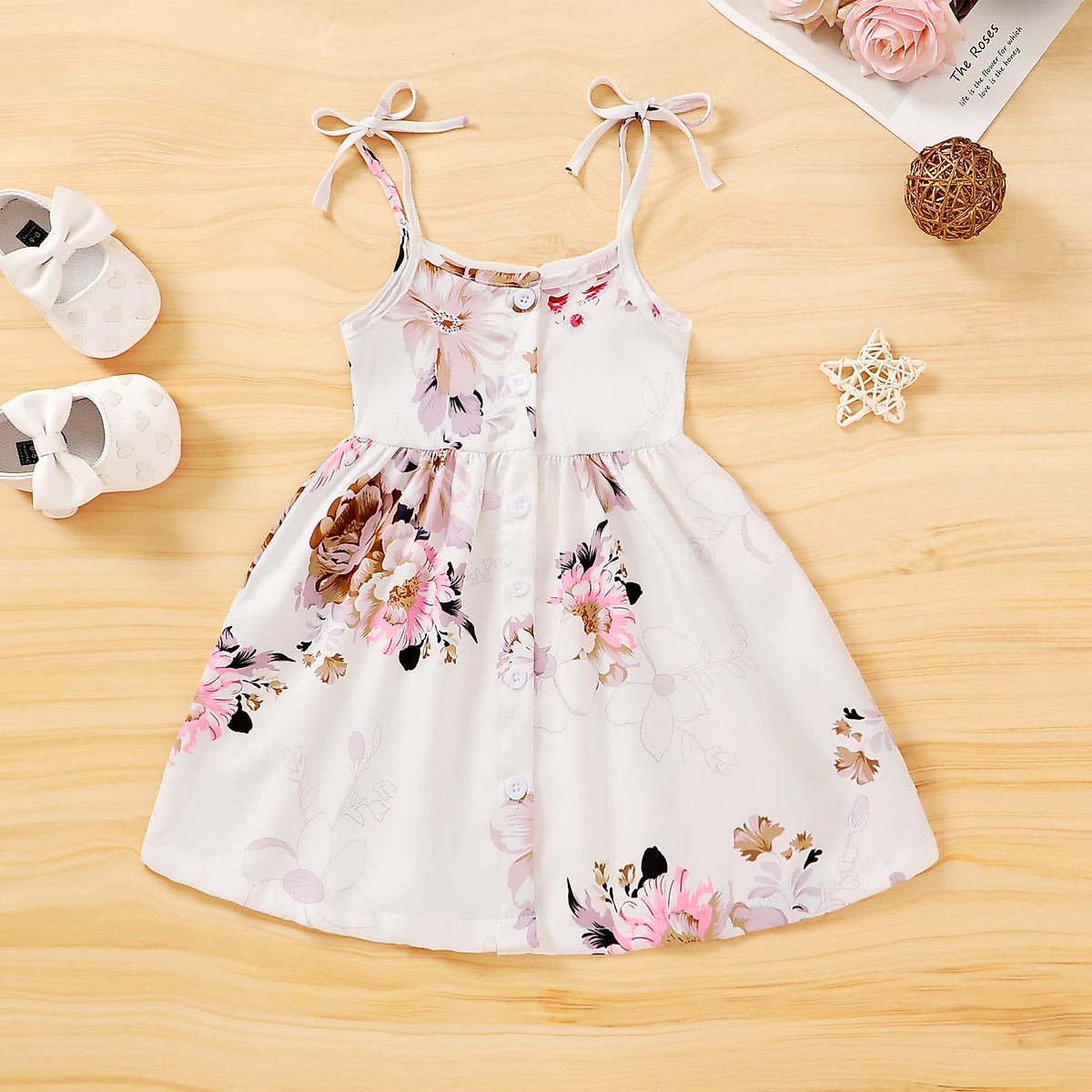YOUNGER TREE 1-5T Toddler Kids Girls Summer Dress Sling Blue Floral Casual Dress Pattern Girls Party Dress Sleeveless (3-4T, Beige dress)