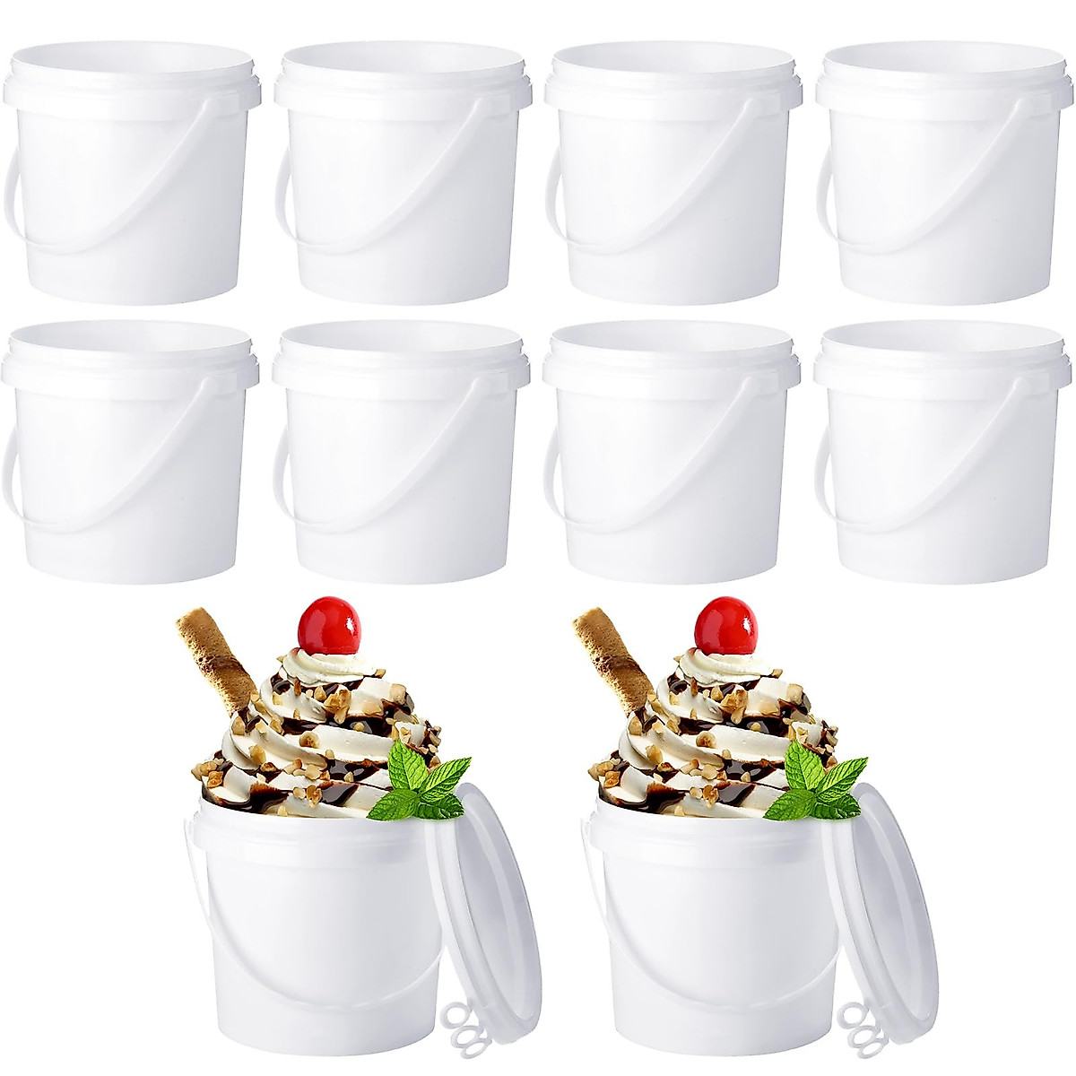 Uiifan 10 Pieces 0.5 Gallon 2 L Ice Cream Buckets with Lids Containers for Homemade Ice Cream Tub Round Plastic Bucket with Handle Food Storage Containers, Freezer, Dishwasher and Microwave Safe