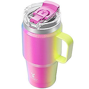 Meoky 24oz Travel Mug, Triple Insulated Stainless Steel Tumbler with Handle and 2-in-1 Straw and Sip Lid, 100% Leak Proof, Keeps Cold for 24 Hours or Hot for 8 Hours, Cupholder Friendly (Carnival)