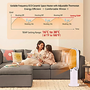 Ocean Loong 1500W Space Heater & Bladeless Tower Fan for Bedroom Home Office, Eco Ceramic Heater with Adjustable Thermostat, 120°Oscillating & Tilt Head, Remote, Timer, Table Fan AB01H (White)