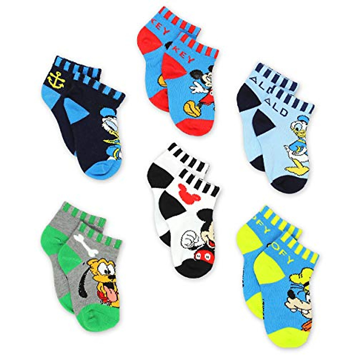 Mickey Mouse Pluto Goofy Donald Duck Toddler 6 Pack Quarter Socks Set (Shoe: 7-10 (Sock: 4-6), Mickey Pluto Goofy 6 Pk)