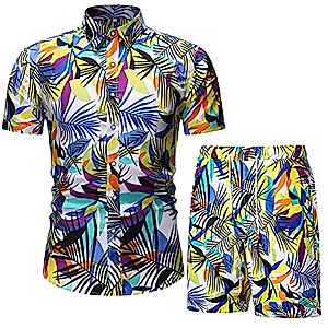 Vintage Mens Bathing Suit Costume Beach 2-Piece Sets & Summer Men’s Shorts Printed Sleeve Short Men Jacket and Pants Set Grey