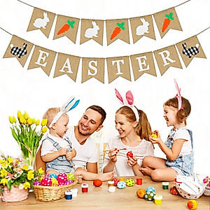 Easter Burlap Banner with Buffalo Plaid Bunny - NO DIY - Rustic Farmhouse Easter Decorations, Easter Bunny Rabbit Carrot Bunting Garland for Home Mantle - Easter Bunny Banner - Easter Party Decor