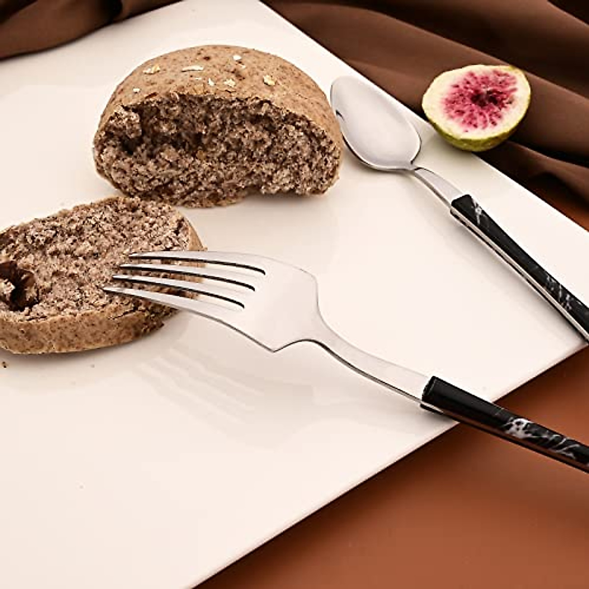 Snplowum 24 Piece (6 Set) Imitation marble Handle Cutlery, Stainless Steel Head Flatware Set For Home Wedding Dinner, Mirror & Modern Knife Fork Tea Spoon Utensils Set -- Black Silver