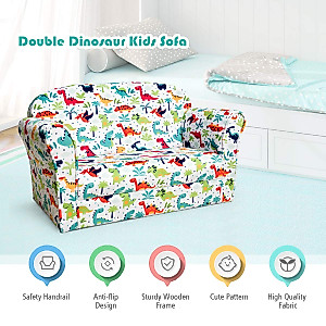 Costzon Kids Couch, Double Seat Children's Sofa w/Dinosaur Pattern, Comfortable Back, Easy to Move, Toddler Armrest Chair for Bedroom, Living Room, Soft Kids Sofa for Preschool Baby Boys Girls Gifts
