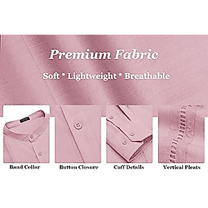 COOFANDY Men's Collarless Shirts Long Sleeve Linen Button Up Dress Shirt Casual Beach Tops Light Pink