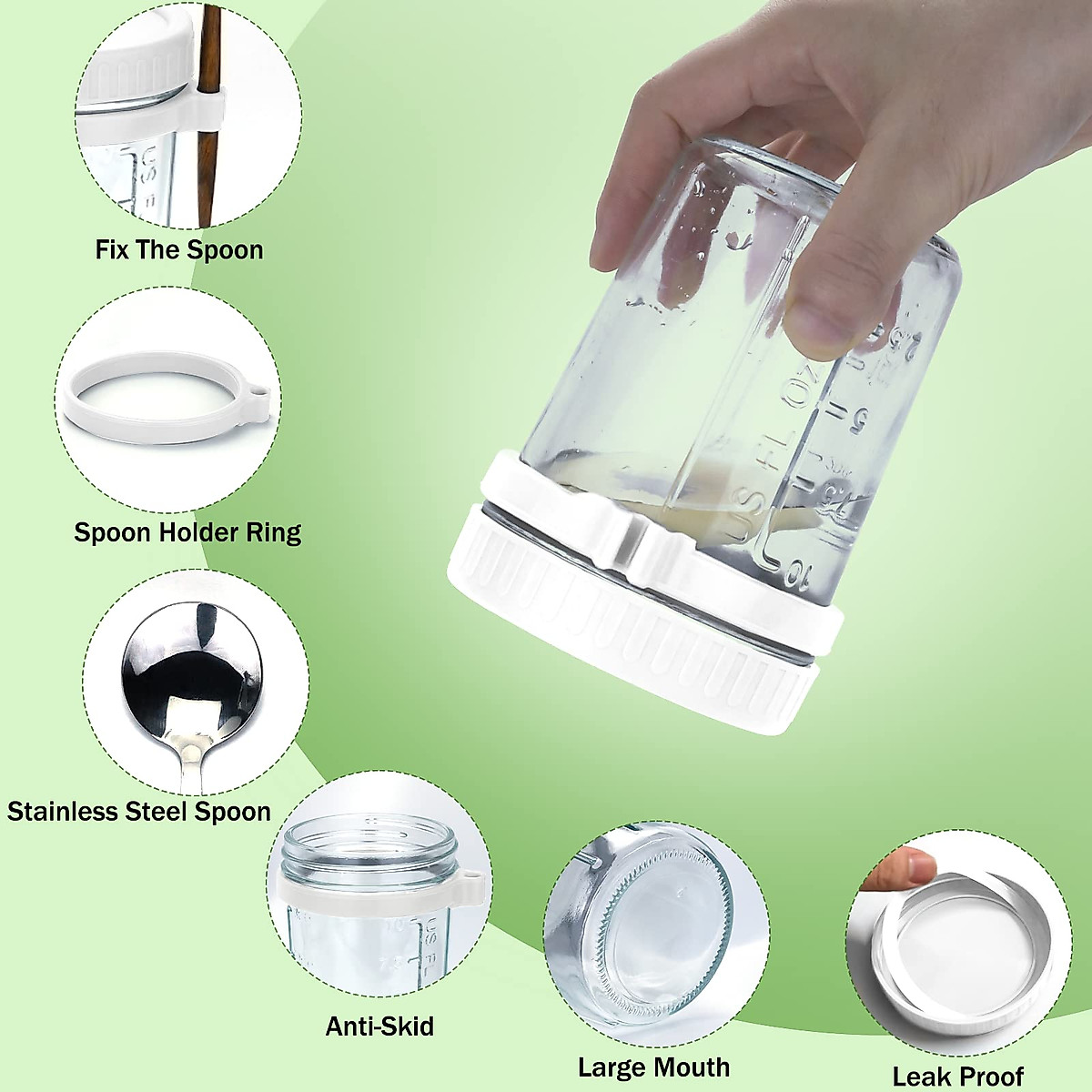 Overnight Oats Containers with Lids and Spoons, 2 Pack Overnight Oats Jars 12 oz Reusable Large Capacity Airtight Oatmeal Container with Measurement Marks for Cereal Yogurt, Milk, Salads, Fruit(White)