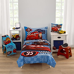 Disney Cars Radiator Springs White, Blue, and Red Lightning McQueen and Tow-Mater 4 Piece Toddler Bed Set - Comforter, Fitted Bottom Sheet, Flat Top Sheet and Reversible Pillowcase