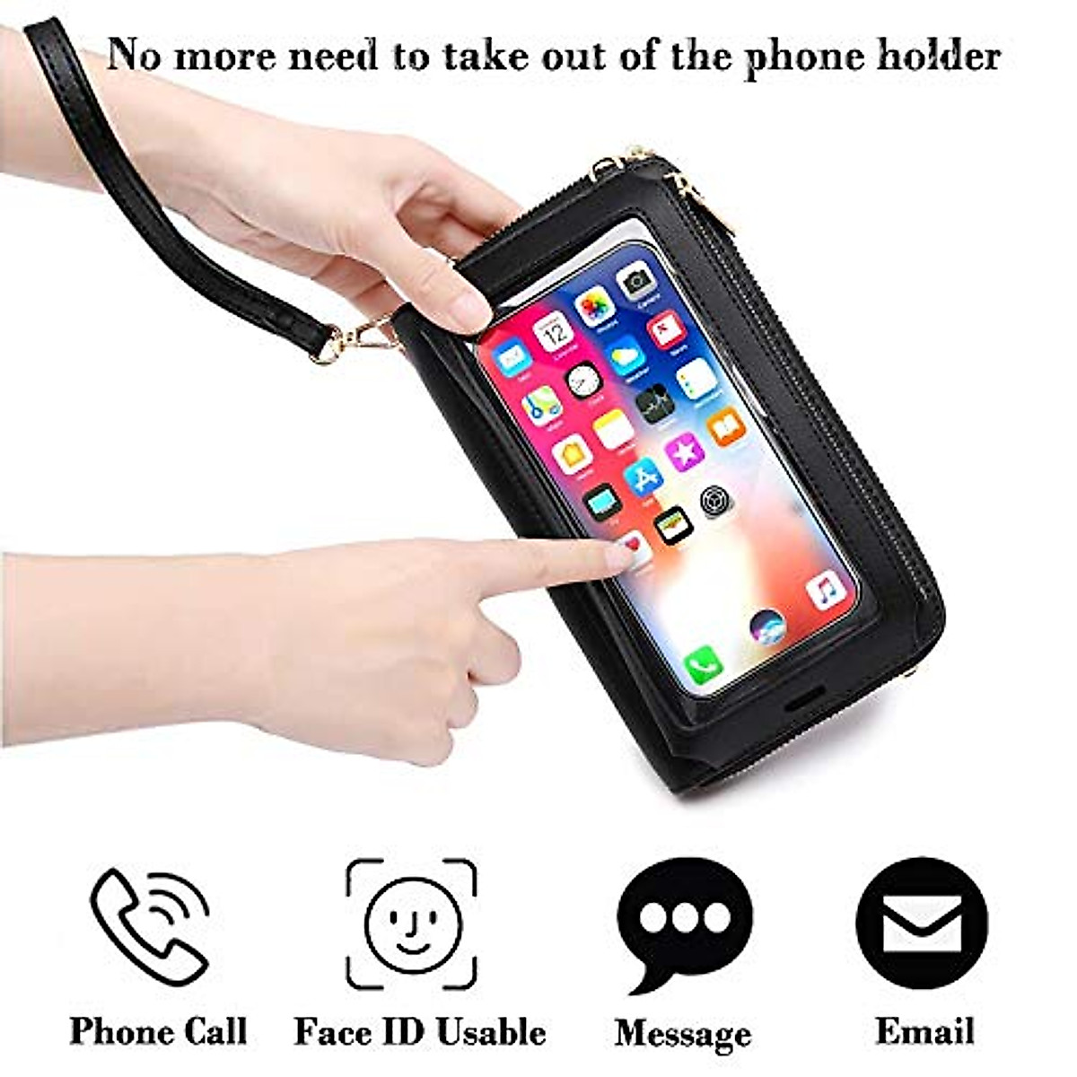 Small Touch Screen Phone Bag for Women, Zipper Crossbody Purse Leather Shoulder Bag RFID Blocking Wallet Handbag(T-Black)
