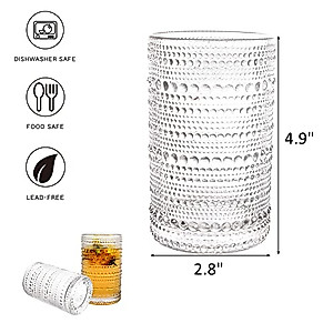 ZOOFOX Set of 6 Vintage Drinking Glasses, 12 oz Clear Hobnail Glasses Tumbler, Embossed Design Glassware for Beverages, Water, Juice, Beer, Cocktail, Whiskey and Milk