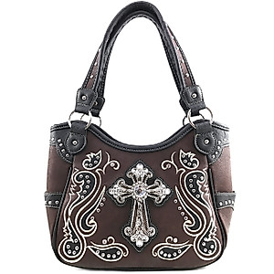 Justin West Rhinestone Cross Western Floral Embroidery Messenger Bag with Conceal Carry (Brown Purse)