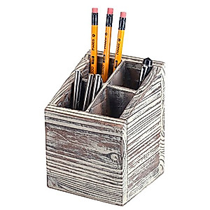 MyGift Square Torched Brown Wood Pencil Cup Pen Holder for Desk with 4 Compartments and Slanted Design, Desktop Office Supplies Storage Box Organizer Bin