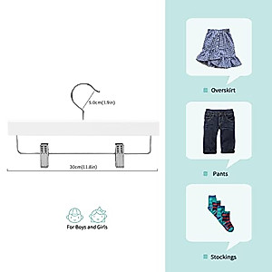 Nature Smile Kids Solid Wooden Pants Hangers,Baby Toddler Children Wood Skirts Hangers,Trousers Bottom 11.8 inches Hangers with 2-Adjustable Clips Anti-Rust Hook Pack of 20 (White)