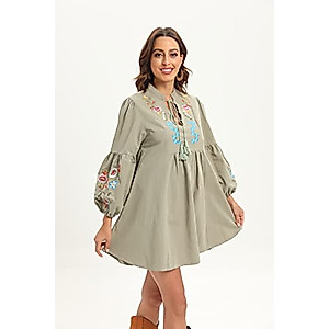 Aofur Women Bohemian Vintage Embroidered Cotton Spring Shift Mini Dress Long Sleeve Casual Tops Blouse (Medium, SR069 Green)