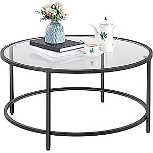 Yaheetech 36in Modern Coffee Table,Black Round Tempered Glass Coffee Tables w/Protective Foot Pads,Metal Structure & Reinforced Frame for Living Room,Dining Room,Apartment,Small Space
