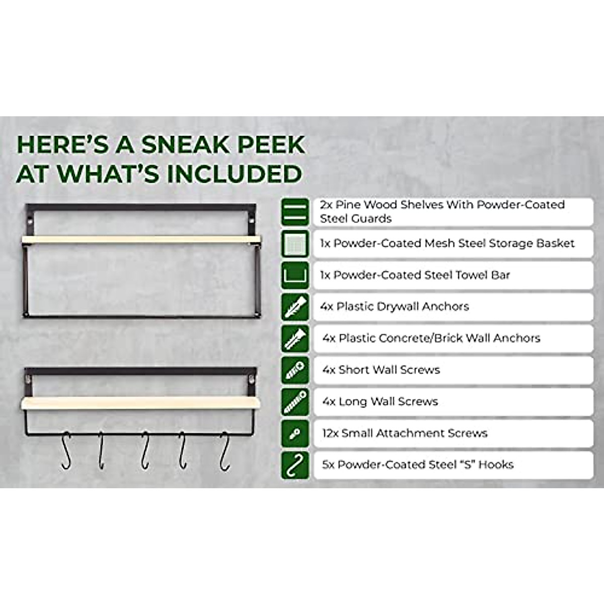 Pre-Drilled Floating Shelves for Bath, Kitchen, & Bedroom - Wall Mounted Natural Wood Floating Shelves with Steel Towel Bar, Mesh Storage Basket & Hardware for Installation - 2 Pack