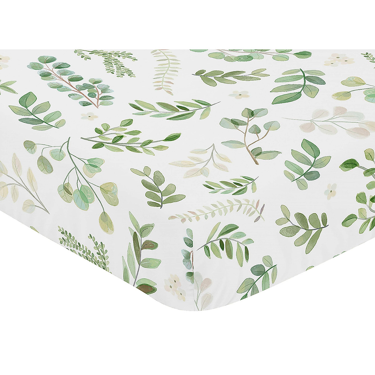 Sweet Jojo Designs Floral Leaf Girl Fitted Crib Sheet Baby or Toddler Bed Nursery - Green and White Boho Watercolor Botanical Woodland Tropical Garden
