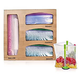 Bamboo Bag Organizer for Drawer and Wall , Sandwich Bag Organizer Bundled with Baggie Holder , 4 Slots Food Storage Bag Holder , Baggie Organizer Set , Natural Bag Storage Organizer with Black Labels