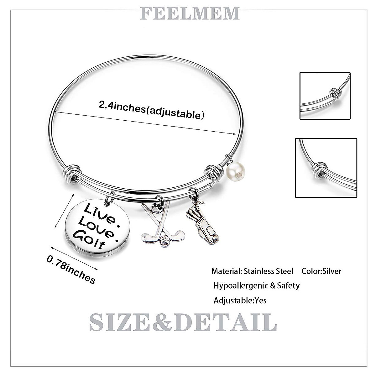 FEELMEM Golf Bracelet Live Love Golf Expandable Charm Bracelet Golf Jewelry Gift for Golf Lover/Golf Club/Golf Team（silver）
