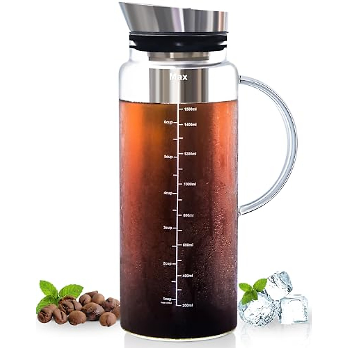 Aquach Cold Brew Coffee Iced Tea Maker & Fruit Pitcher - Large Capacity 51 Ounces - with Durable Glass Carafe/Fine Mesh Steel Infuser/Airtight Lid