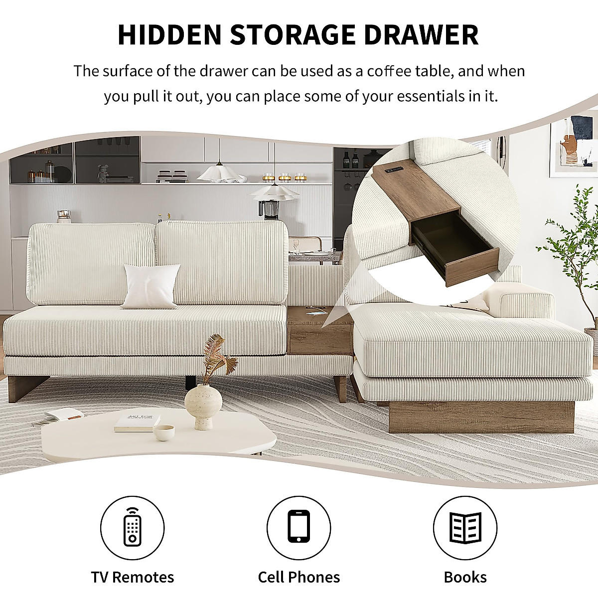 P PURLOVE L-Shaped Sectional Sofa with 2 USB Ports and 2 Power Sockets, Corduroy Couch with a Storage Drawer and a Reversible Chaise Lounge for Living Room (Beige)