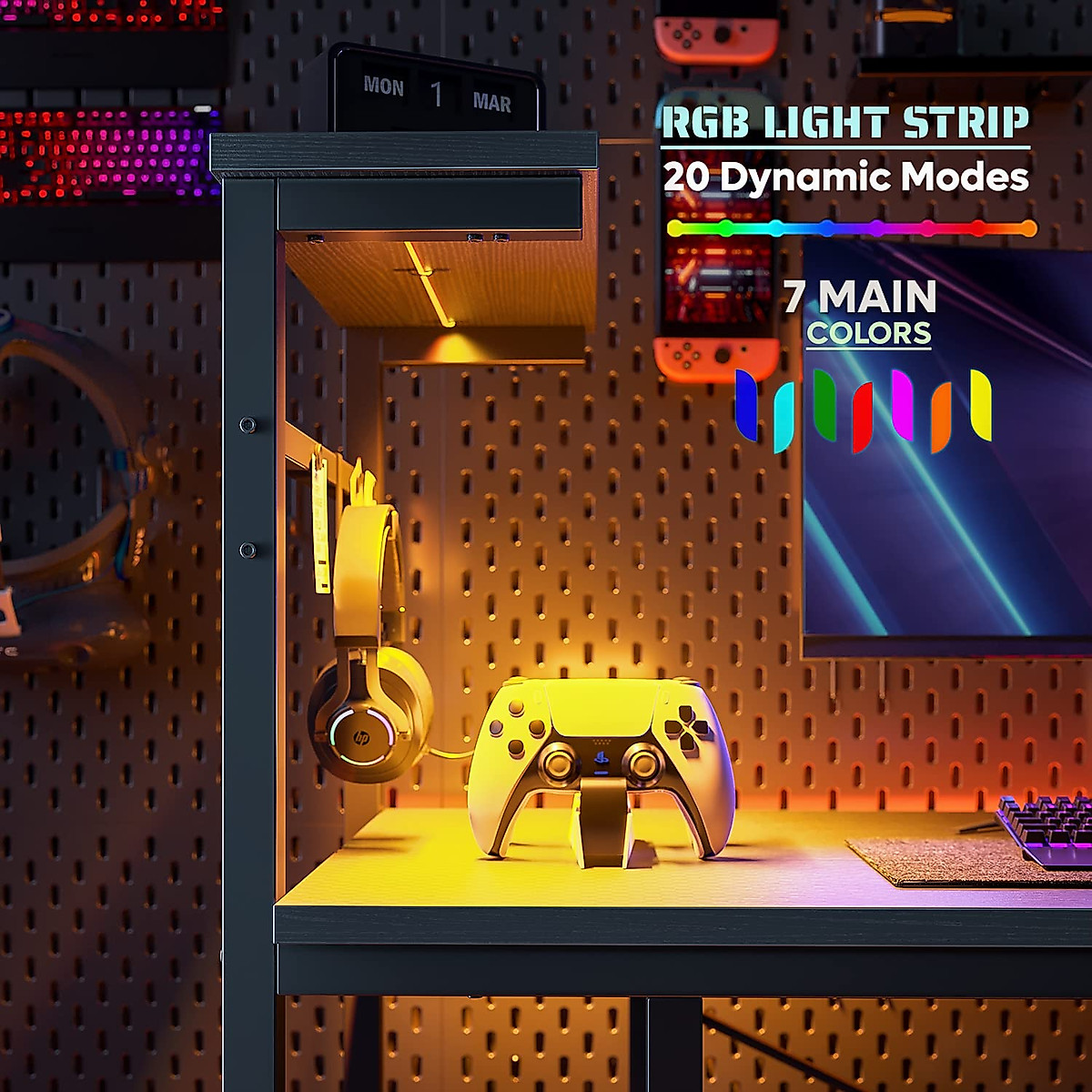 Bestier Gaming Desk with LED Lights, 44 Inch PC Gamer Desk for Small Spaces, Computer Desk with Reversible Storage Shelves & Side Storage Bag (Black Grained)