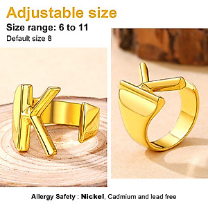 FindChic Gold Letter Ring Initial K Statement Open Rings for Women Alphabet Knuckle Middle Finger 18K Gold Plated Chunky Adjustable Fashion Name Rings Personalized Jewelry Gift