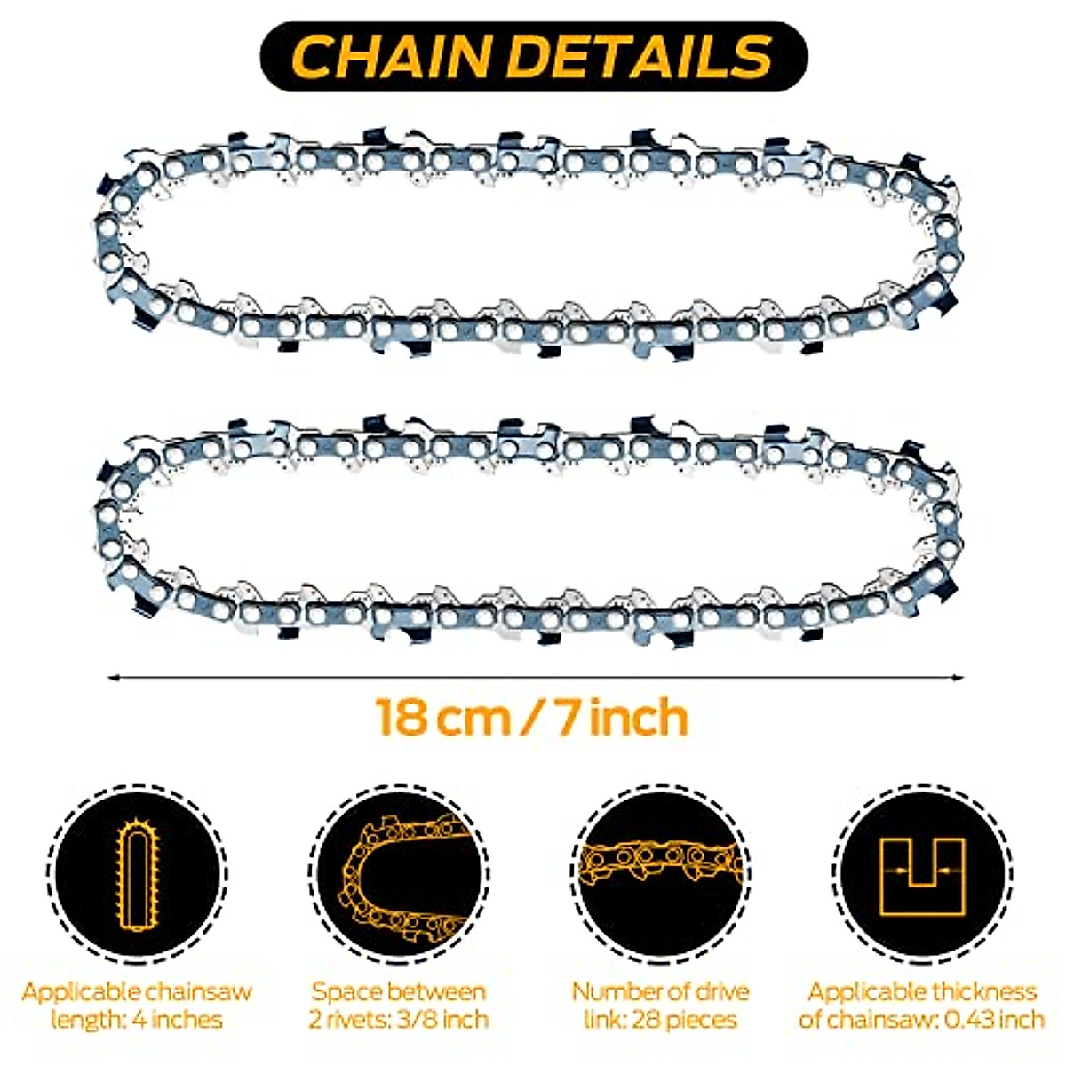 RLSOO Mini Chainsaw Chain Replacement 4 Inch for Cordless Electric Chainsaw Blade 4 Inch Handheld Chain Saw Pruning Shears for Tree Branches, Courtyard, Household and Garden (Only 2*Chains)