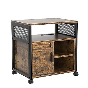 Unikito Lateral File Cabinet, Locking Office Filing Cabinets with Socket and USB Charging Port, Modern Rolling Printer Stand with Storage for A4, Letter Size and File Folders, Rustic Brown