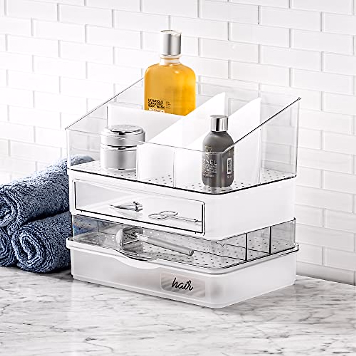 Madesmart 6-Compartment Angle Storage Bin for Bathroom Organization, Plastic Bathroom Storage Bin with Open Top Design, Frost