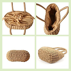 Gets Straw Bags for Women Hand-woven Small Hobo Bag Round Handle Ring Tote (Camel)