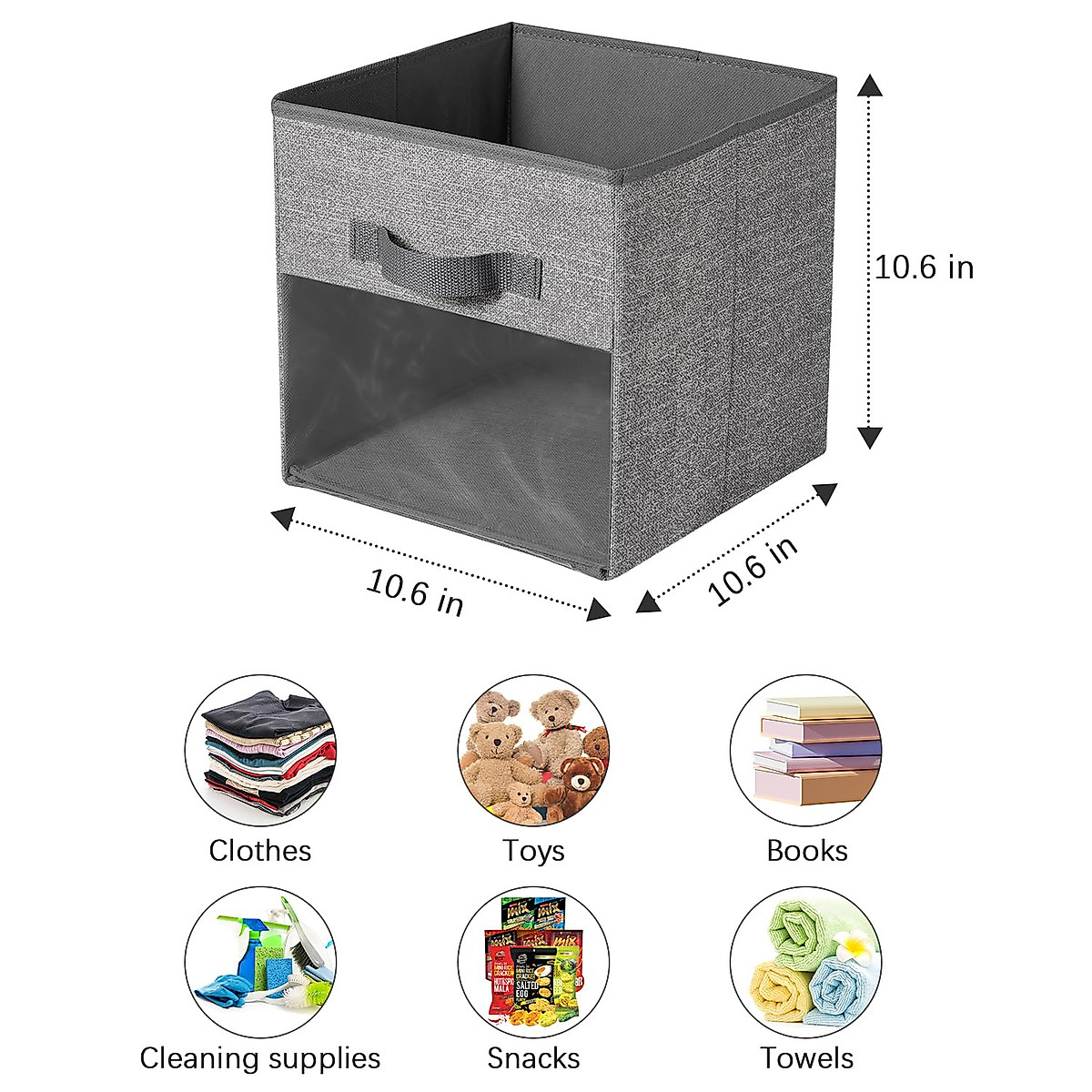 EITMOW 11 inch Closet Open Storage Bins with Clear Window with Reinforced Handles, Woven Fabric Storage Cubes, Foldable Organizer Bins for Closet Shelves, Clothes. (3PCS/Grey)