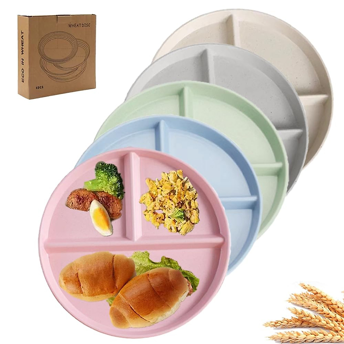 PUPOPIK 9" Unbreakable Divided Plates Set of 5, Wheat Straw Plate Reusable Dinnerware Portion Control Plate, Round Bariatric Plastic Plate for Kids Adults, BPA-free, Dishwasher Safe