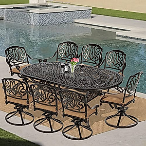 VIVIJASON 9-Piece Patio Furniture Dining Set, All-Weather Cast Aluminum Outdoor Conversation Set, Include 8 Swivel Dining Chairs and an Oval Table with Umbrella Hole for Lawn Garden Backyard
