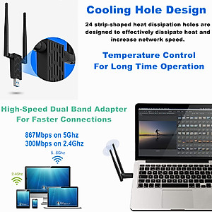USB WiFi Adapter for PC, 1200Mbps USB 3.0 Dual Band 2.4Ghz/5Ghz WiFi Dongle with Dual High Gain 5dBi Antenna and USB3.0 Dock Wireless Network Adapter for Desktop/Laptop Supports Windows/Mac OS/Ubuntu