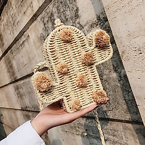 NIBD Beach Bag Cactus Straw Bag Summer Bags with Pom Pom Women Messenger Handbag Braided New Rattan Bag, Beige, 7.5"*7.5"*2.4"
