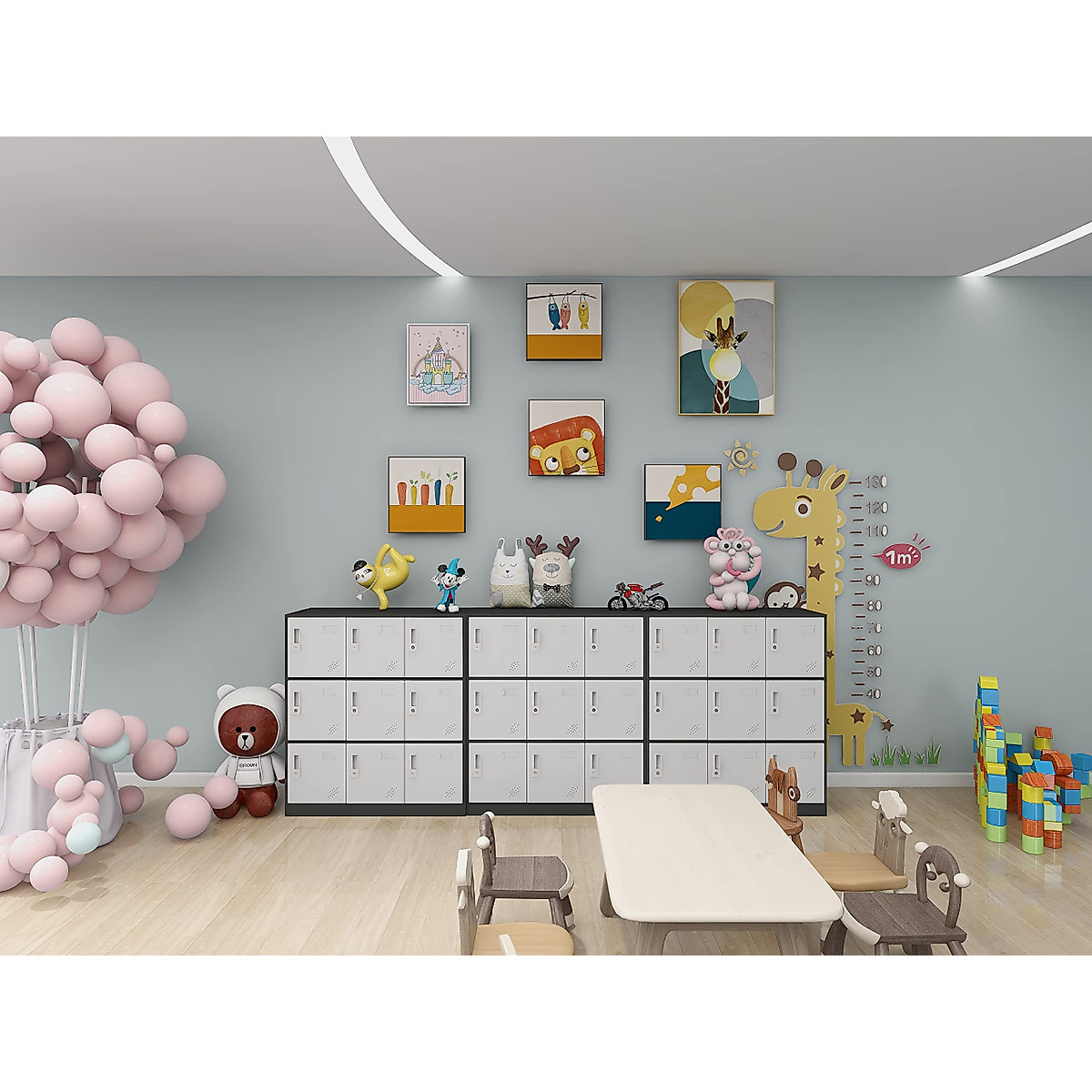 LINGZOE 9 Door Metal Storage Locker Cabinet for Employees，Steel Cabinet to Storage Toys, Shoes and Clothes，Locker Organizer for Gym Office Bedroom (Grey&White)