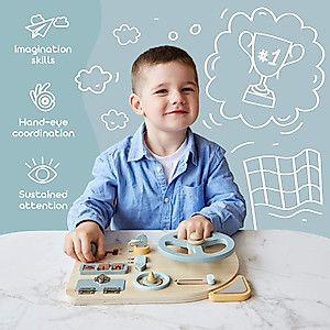 LA·LA · LLAMA Montessori Toy Steering Wheel - Car Driving Toddler Busy Board - Wooden Sensory Activity Board for Kids 3 4 Year Old - Fine Motor Skills Toddler Toys for Boys Girls